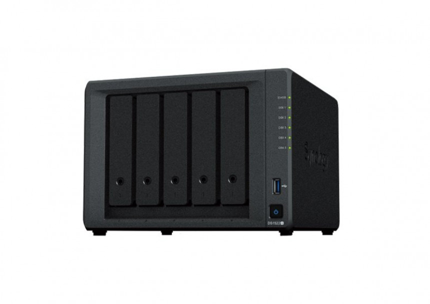 Synology DiskStation DS1522+,Tower, 5-Bay 3.5'' SATA HDD/SSD,2 x M.2 2280 NVMe SSD, CPU AMD Ryzen™ R1600 dual-core (4-thread) 2.6 GHz, max. boost clock up to 3.1 GHz, 8GB DDR4 ECC SODIMM, 4 x 1Gbe...