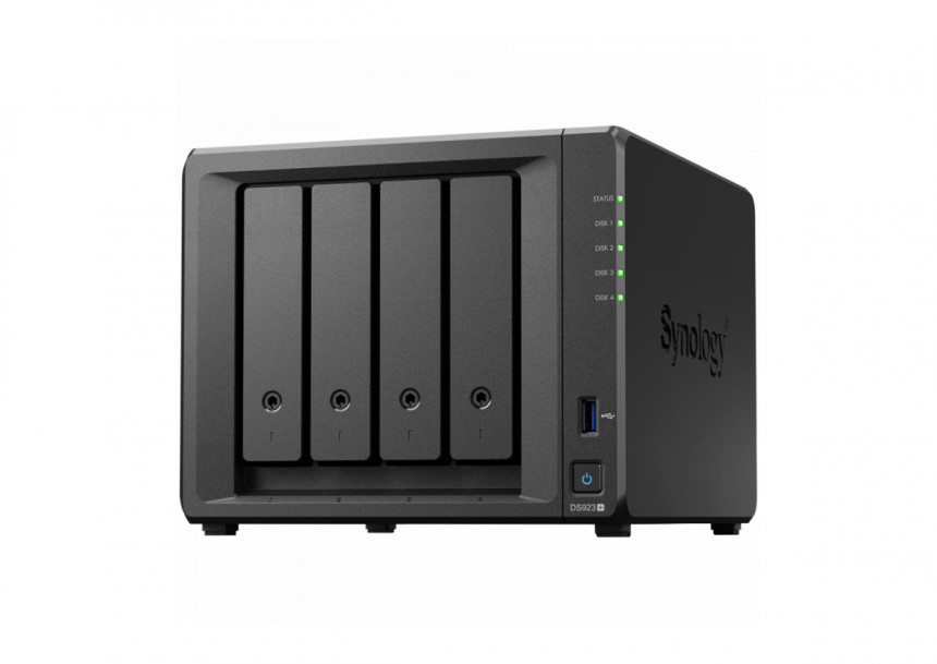 Synology DiskStation DS923+, Tower, 4-Bays 3.5'' SATA HDD/SSD, 2 x M.2 2280 NVMe SSD slot, CPU AMD R1600 2-core 2.6 (base) / 3.1 (turbo) GHz, 4 GB DDR4 ECC, 2x RJ-45 1GbE LAN Port; 2x USB 3.2; eSA...