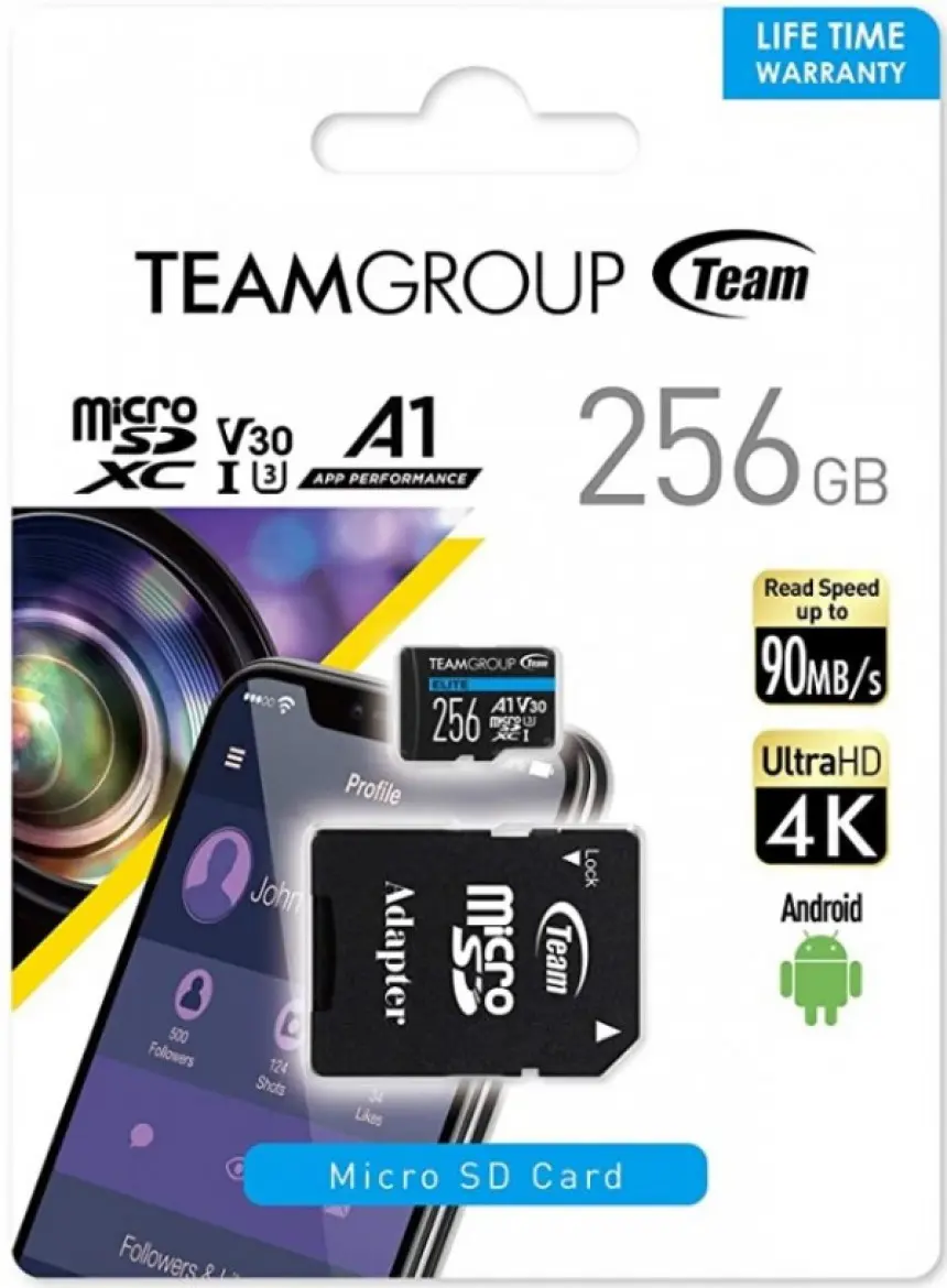 TeamGroup MICRO SDXC 256GB UHS-I ELITE +SD Adapter TEAUSDX256GIV30A103 42708