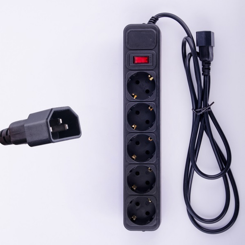 Produžni strujni kabl sa 5 šuko utičnica i prenaponskom zaštitom, dužine 1.8m, sa C14 utikačem (za vezu ka UPS-u), svetleći prekidač, AC 230V - 7A, pakovanje za maloprodaje