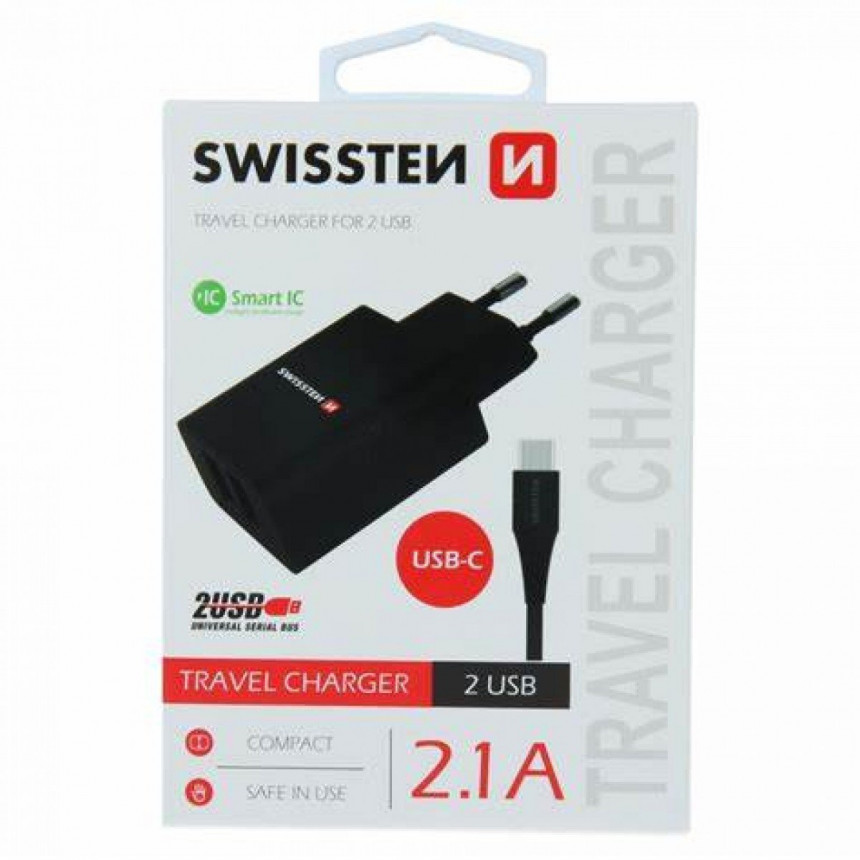 Swissten punjač 2x USB 2,1A+ kabl Type C 1,2m crna