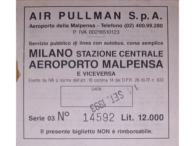 Karta `AIR PULMAN` Milano Italy