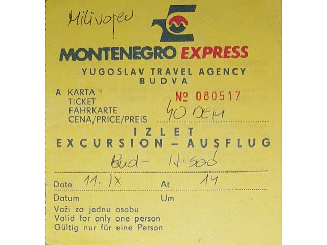 Karta `MONTENEGRO EXPRESS` Jugoslavija