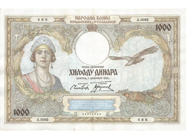 Kraljevina Jugoslavija 1000 dinara 1931.