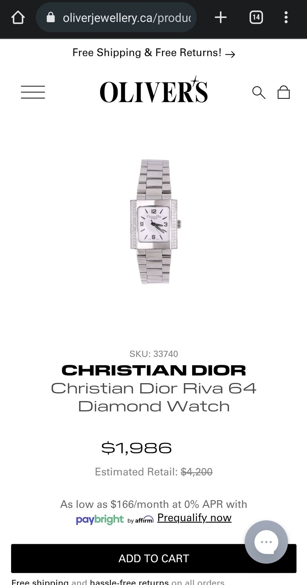 Christian Dior Riva 64 diamonds sat pravi dijamanti. Stanje mint kao