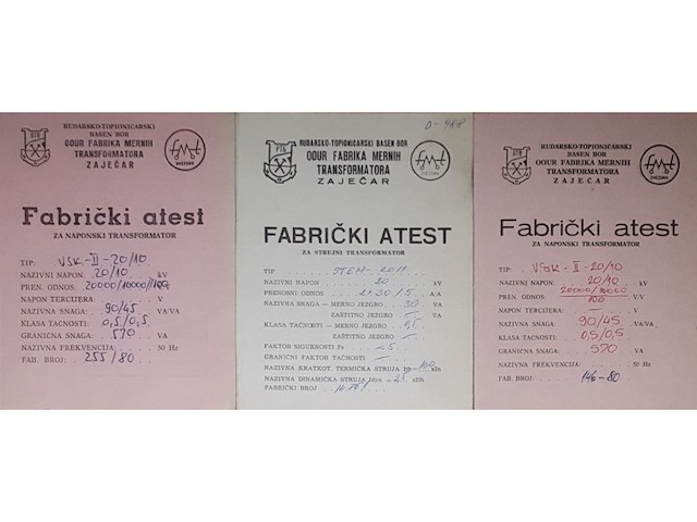 Fabrički Atesti `FMT` Zaječar Jugoslavija