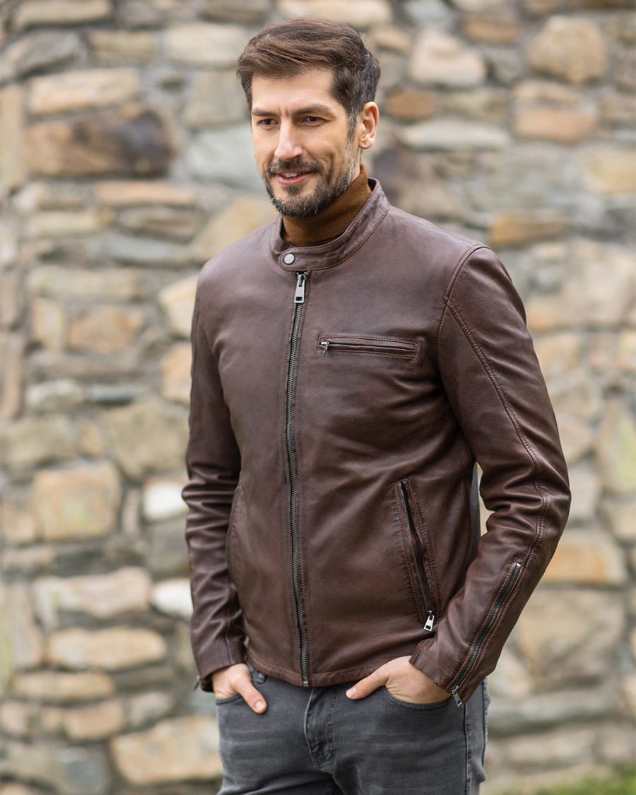 Invento kožna jakna Ari – Tamno braon