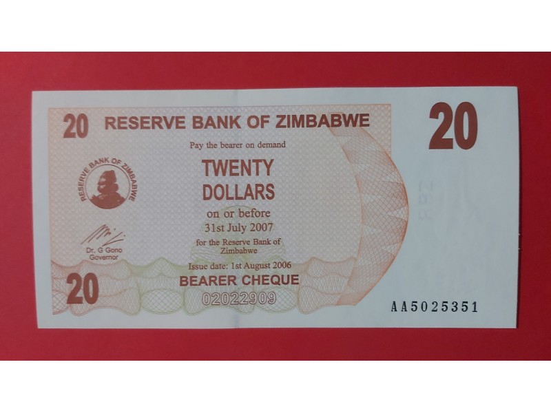 20 dollars 2006 god Zimbabwe UNC