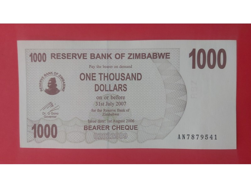 1.000 dollars 2006 god Zimbabwe aUNC