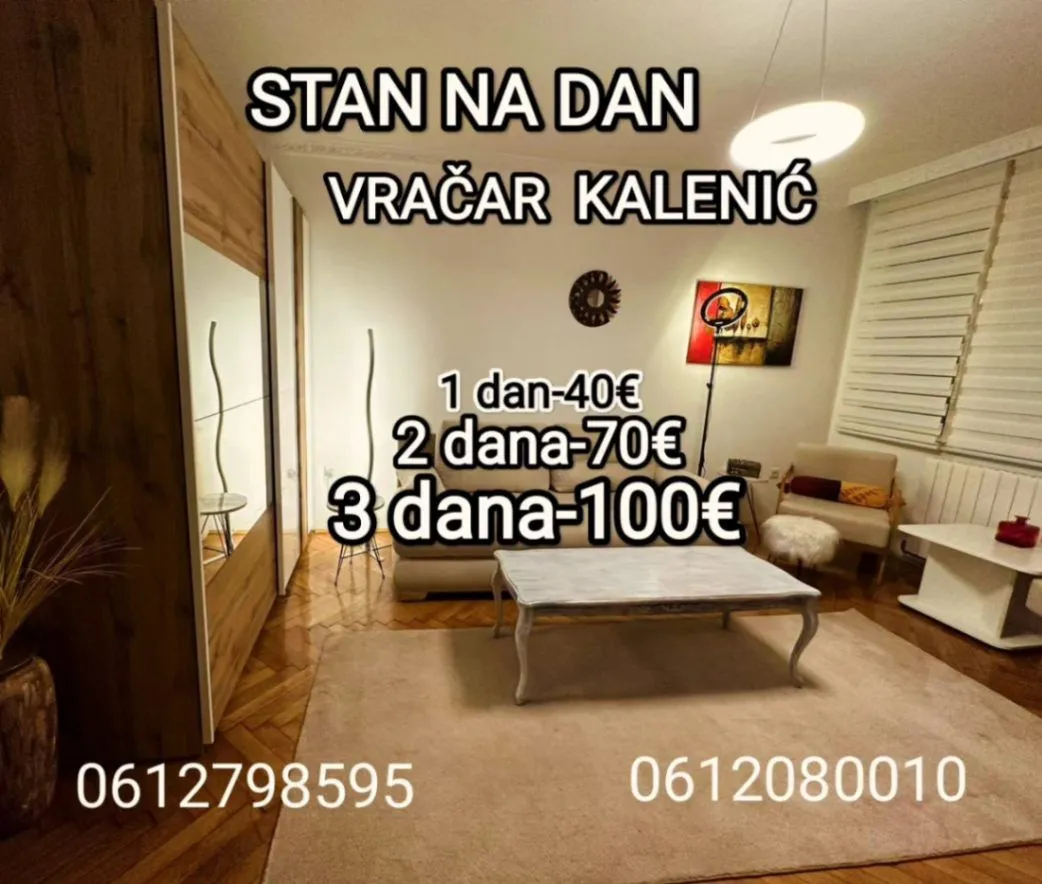 Stan na dan, jednosoban stan, 34m2, Kalenić Pijaca, Vračar, Beograd