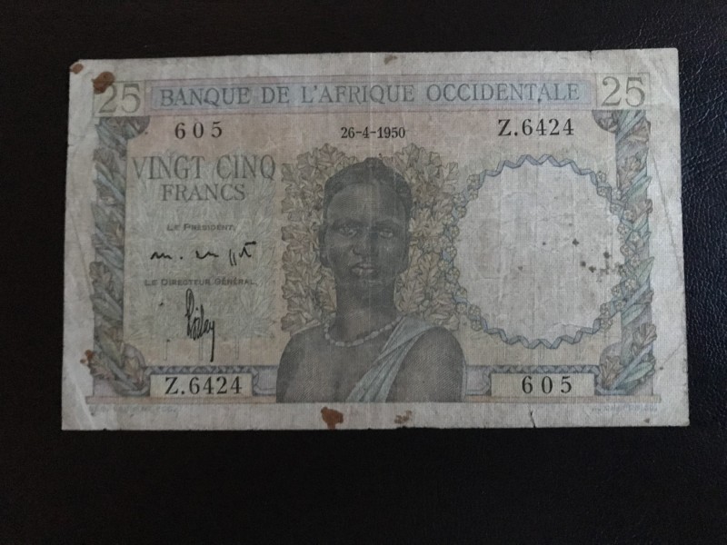 FRANCUSKA ZAPADNA AFRIKA 25 FRANAKA 1950.