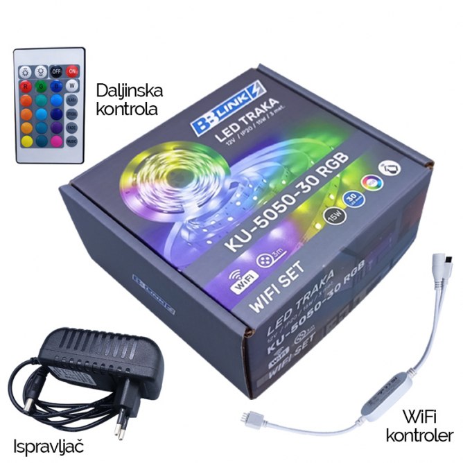 LED TRAKA KU-5050-30 RGB 12V IP20 WIFI SET(3MET, 15W)