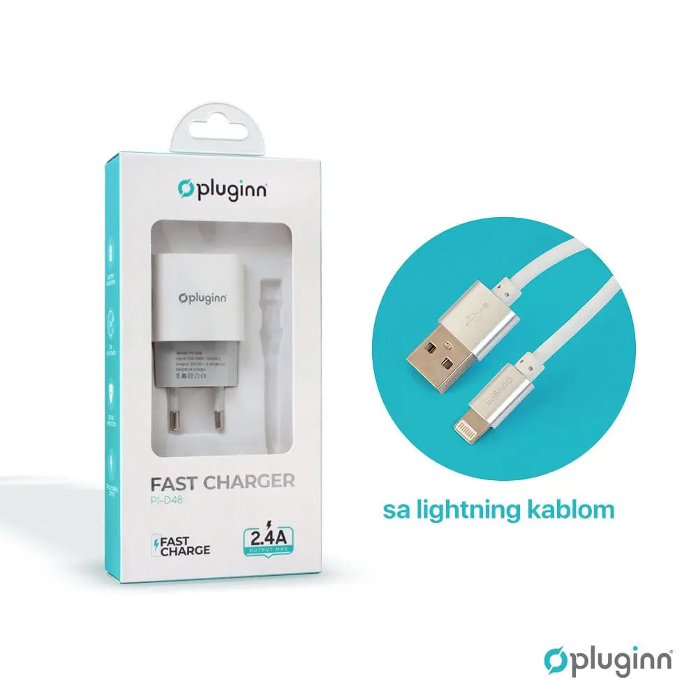 Kucni punjac Pluginn PI-D48, 5V, 2.4A, 12W sa lightning kablom beli