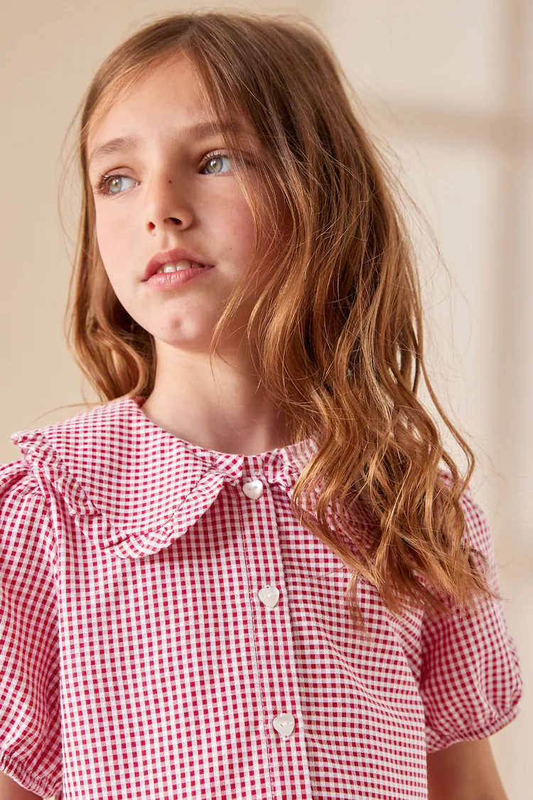 Red Cotton Rich School Gingham Tiered Pretty Collar Dress (3-14yrs)