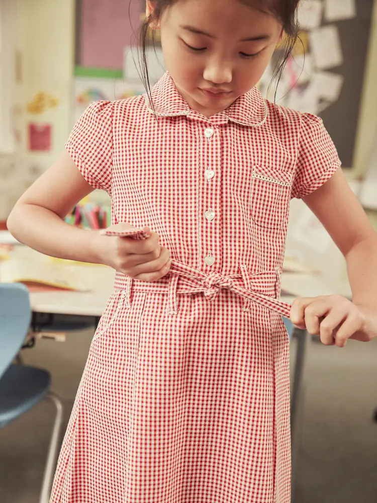 Red Gingham 100% Cotton Rich Belted School Dress With Scrunchie (3-14yrs)