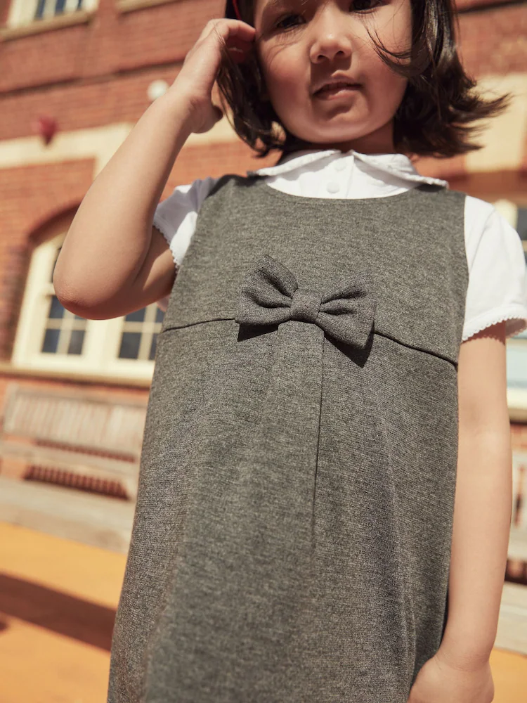 Grey Jersey Stretch Bow School Pinafore (3-14yrs)