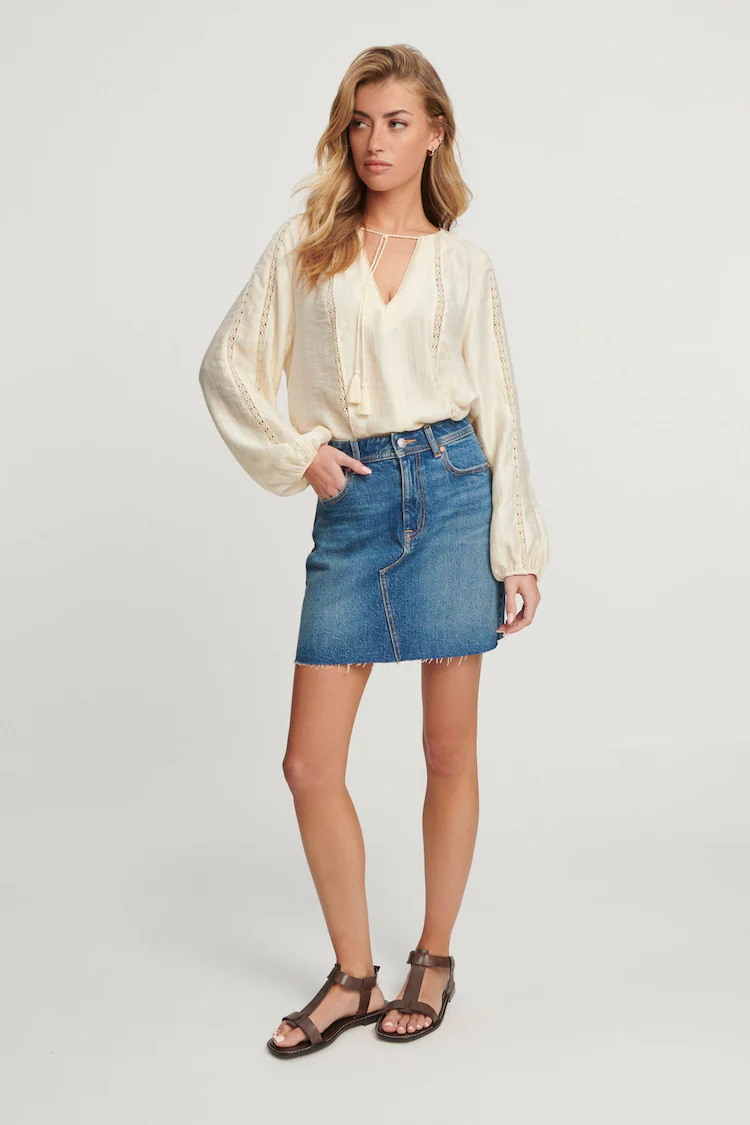 Mid Blue Denim Raw Hem 100% Cotton Mini Skirt