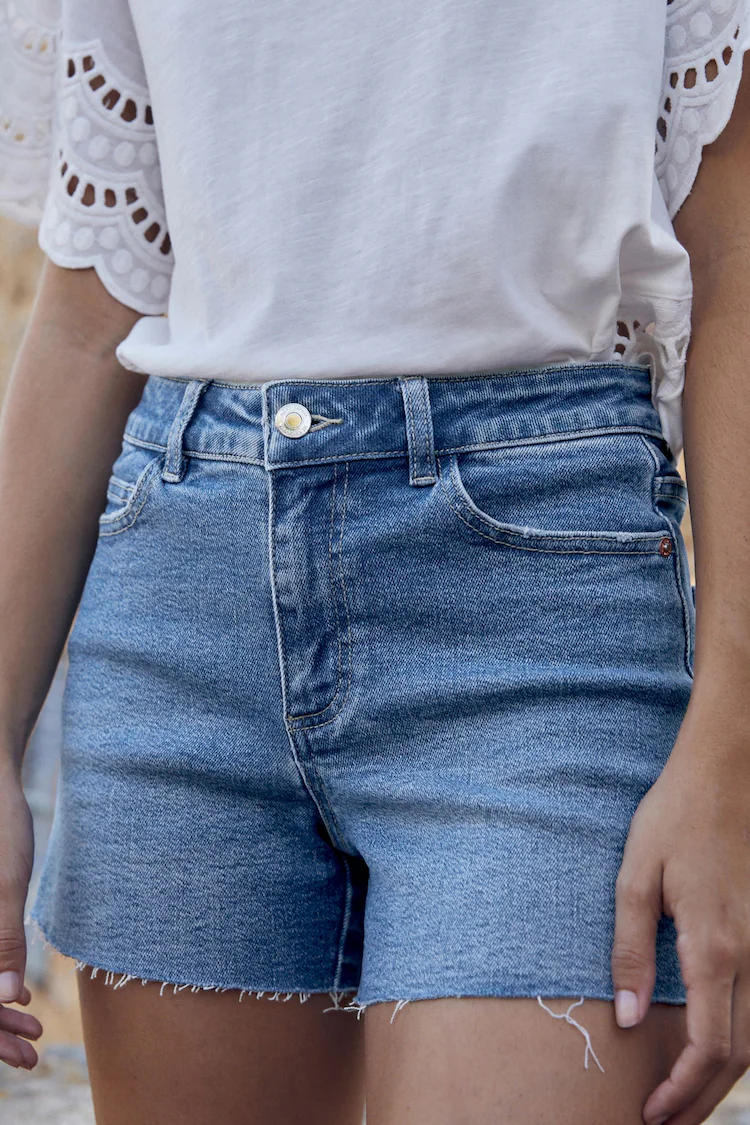 Mid Blue Super Soft Raw Hem Denim Shorts