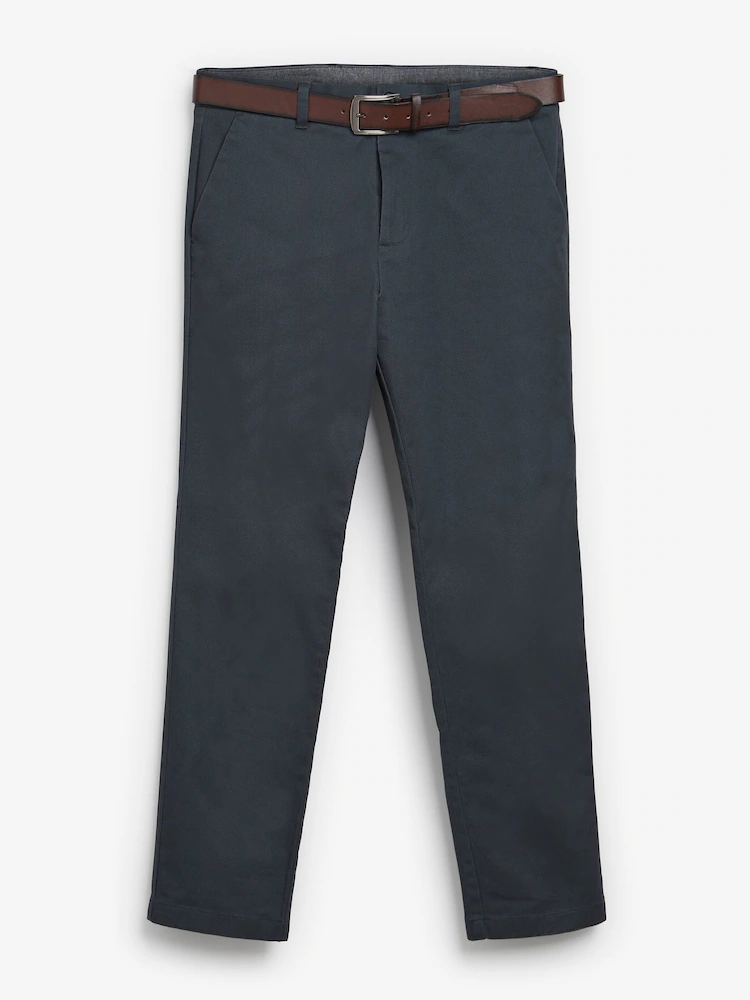 Navy Blue Straight Fit Printed Belted Soft Touch Chino Trousers