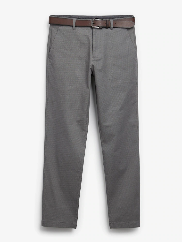 Grey Straight Fit Printed Belted Soft Touch Chino Trousers