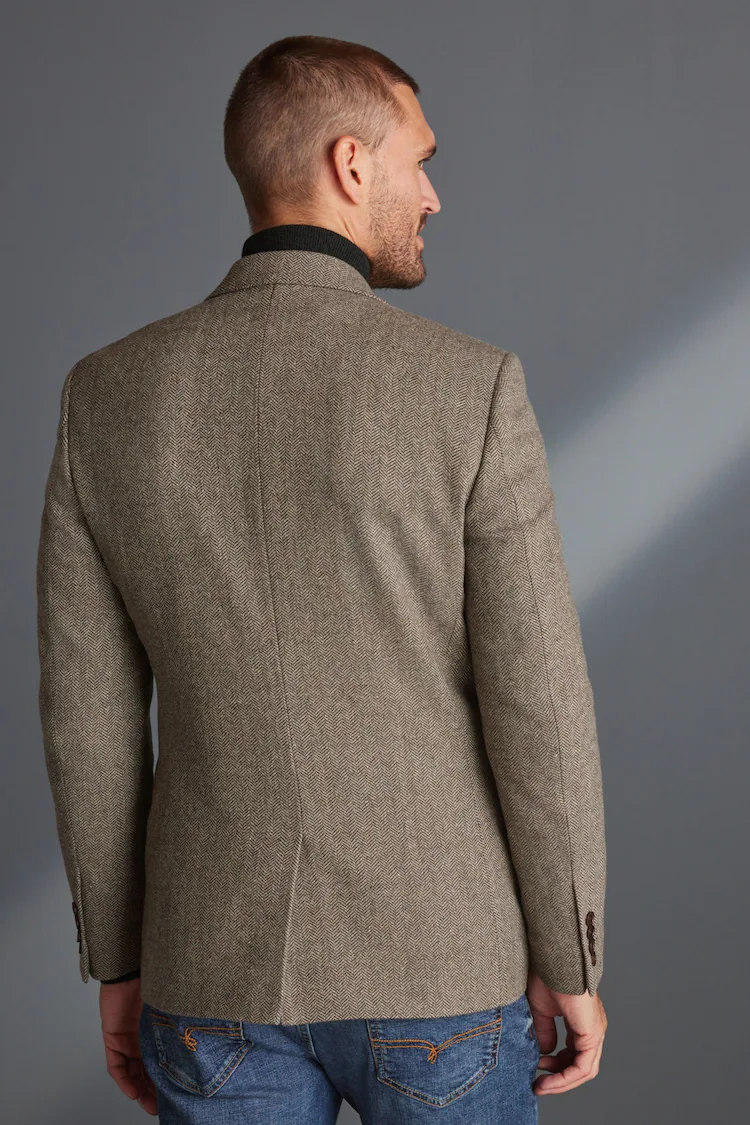 Taupe Brown Slim Fit Nova Fides Signature Herringbone Wool Blazer