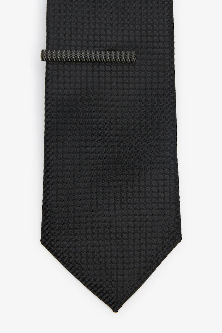 Black Slim Textured Tie And Clip Set