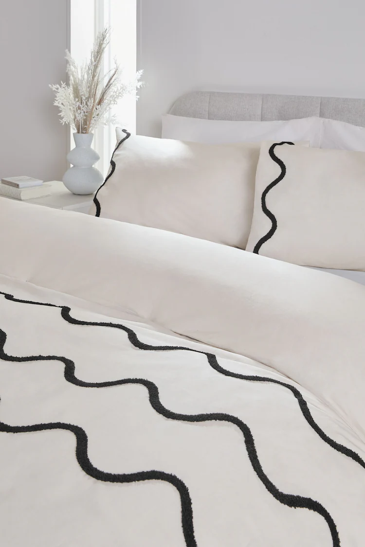 Monochrome Tufted Wave 100% Cotton Duvet Cover and Pillowcase Set