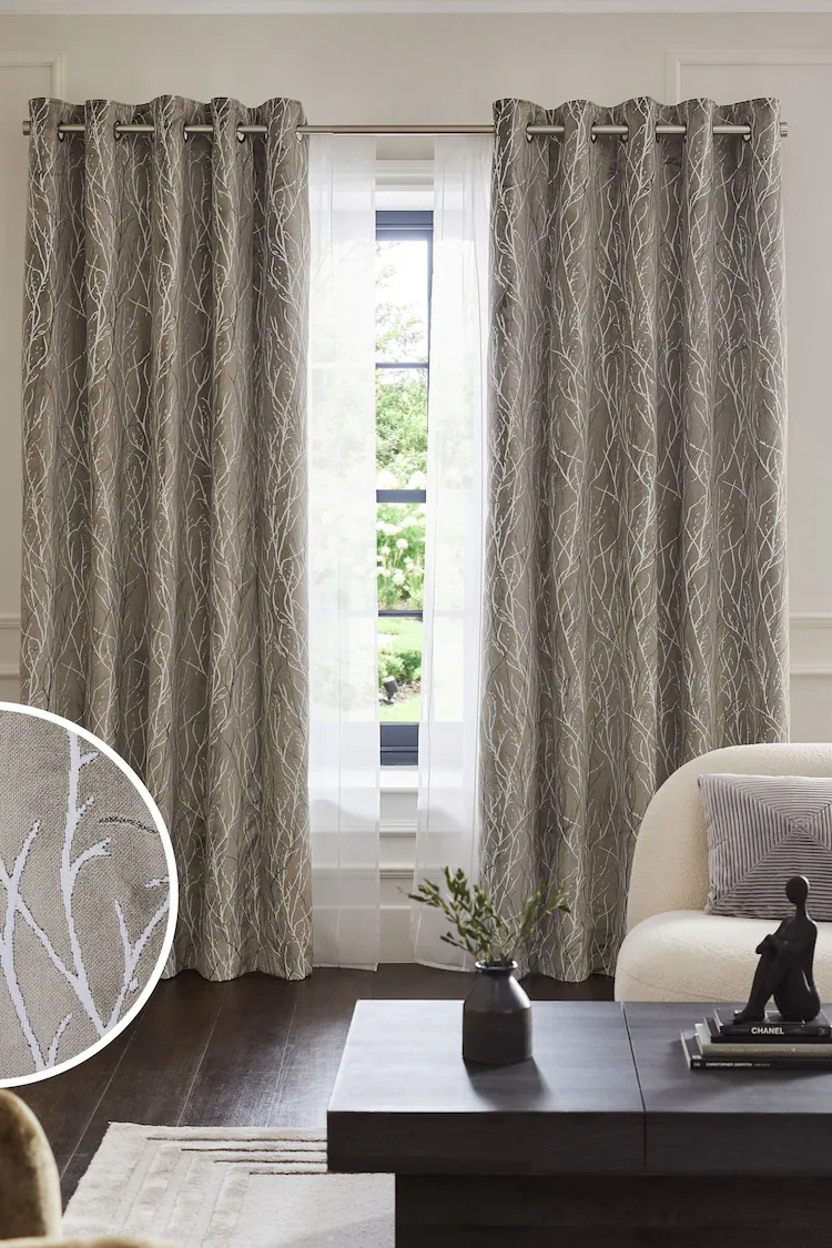 Silver Grey Collection Luxe Heavyweight Cut Velvet Twig Eyelet Lined Curtains