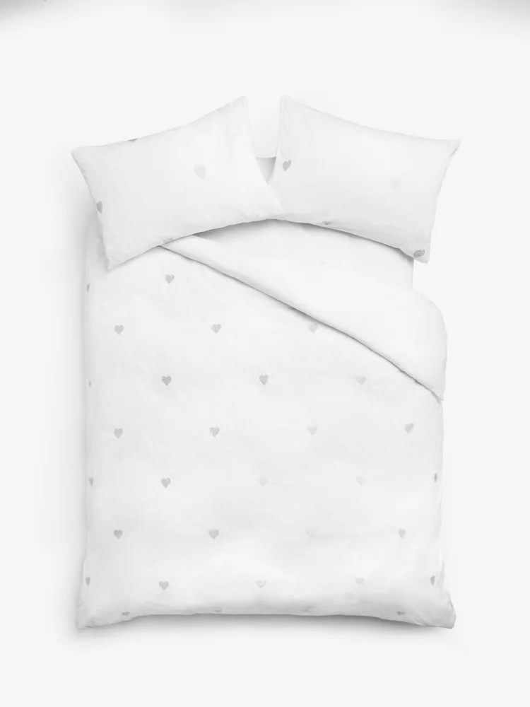 White With Silver Hearts Embroidered Duvet Cover and Pillowcase Set