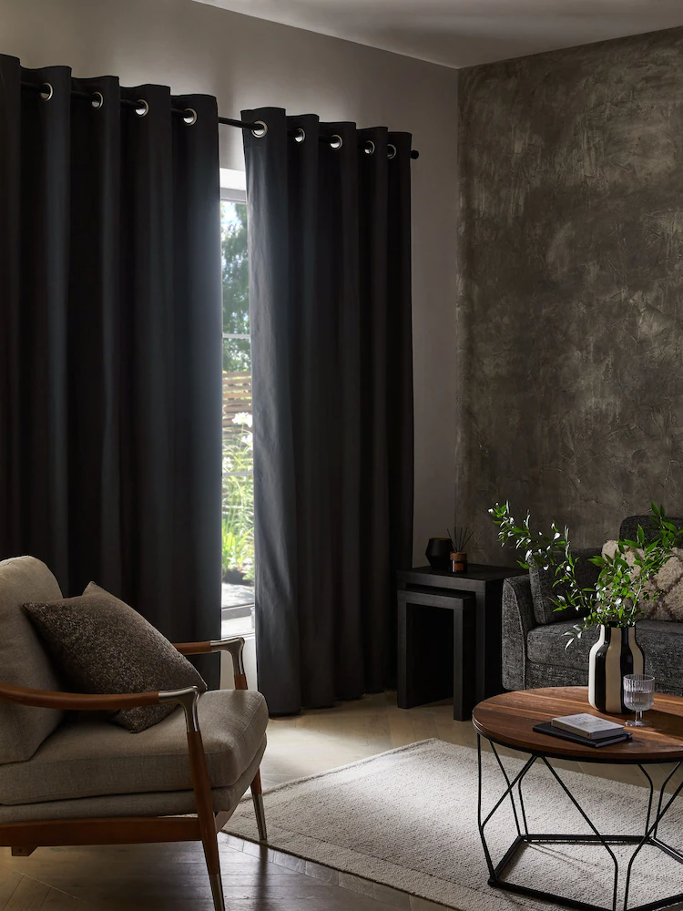 Grey Charcoal Dark Cotton Blackout/Thermal Eyelet Curtains