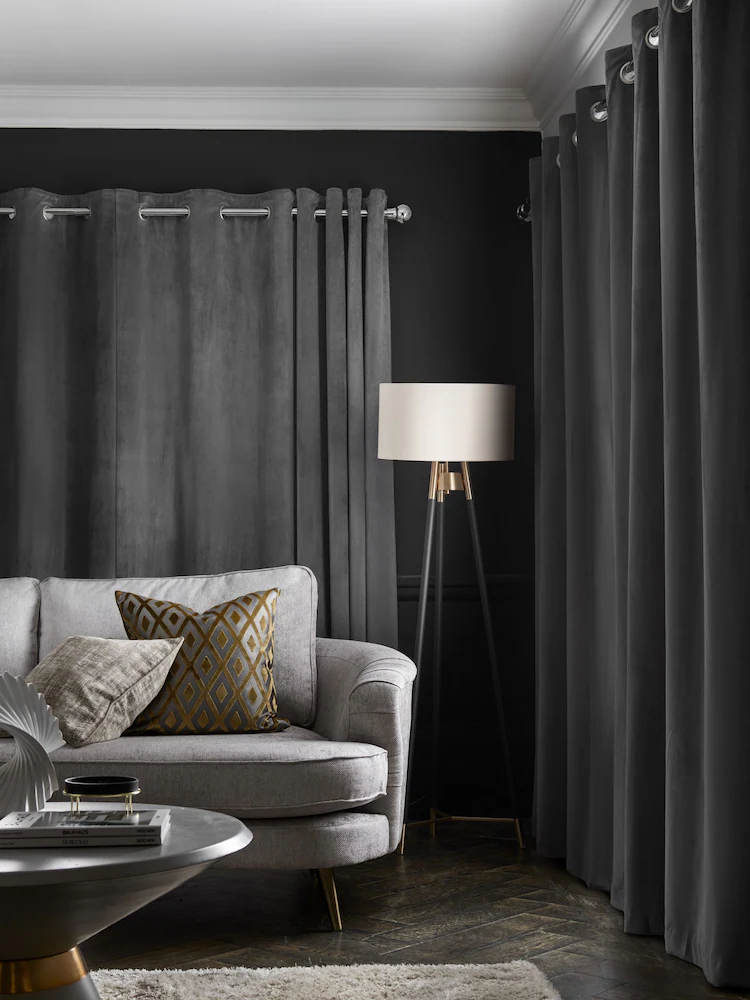 Grey Charcoal Matte Velvet Lined Eyelet Curtains