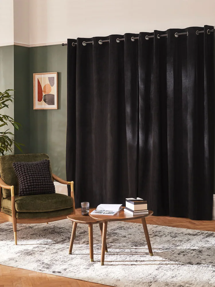 Black Matte Velvet Lined Eyelet Curtains