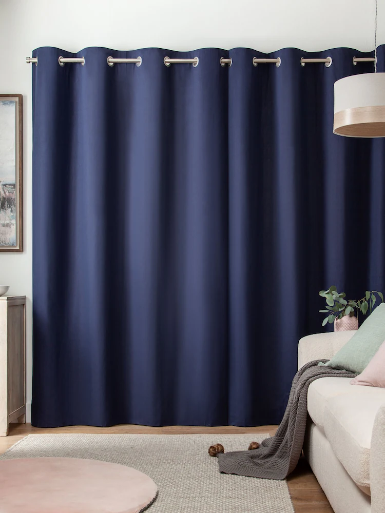 Blue Navy Cotton Lined Eyelet Curtains