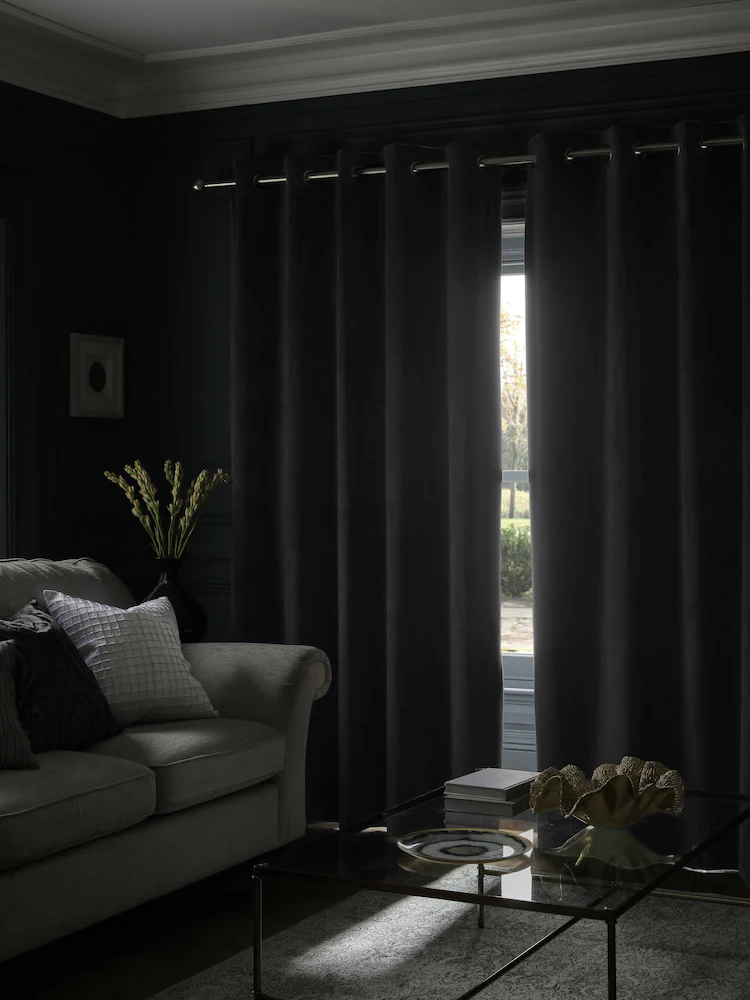 Dark Charcoal Grey Matte Velvet Blackout/Thermal Eyelet Curtains