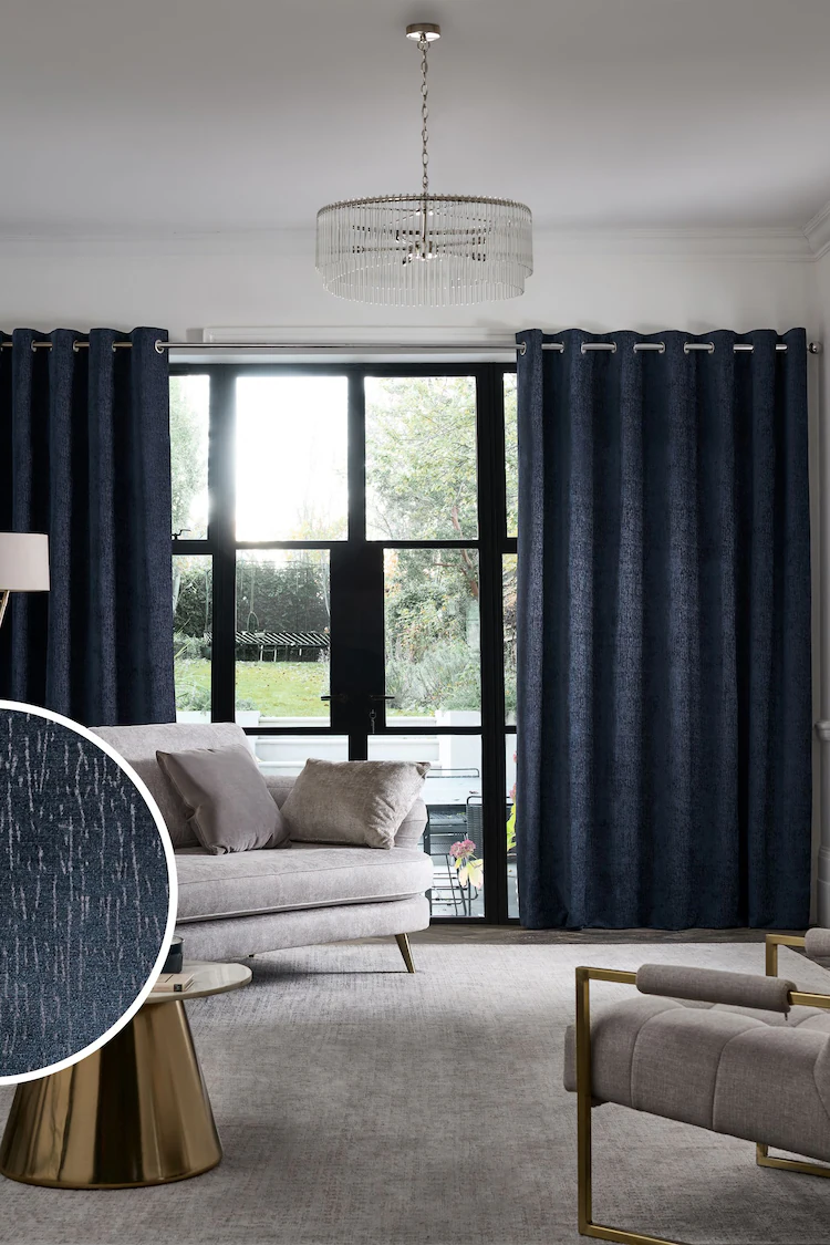 Blue Navy Heavyweight Chenille Eyelet Blackout/Thermal Curtains