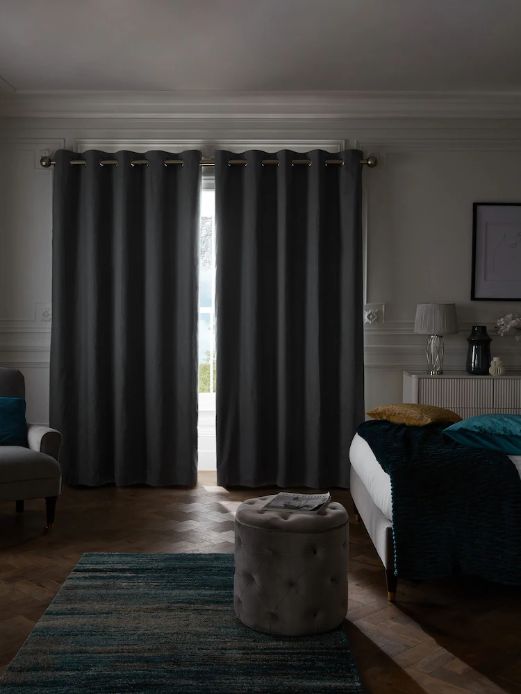 Grey Steel Cotton Blackout/Thermal Eyelet Curtains