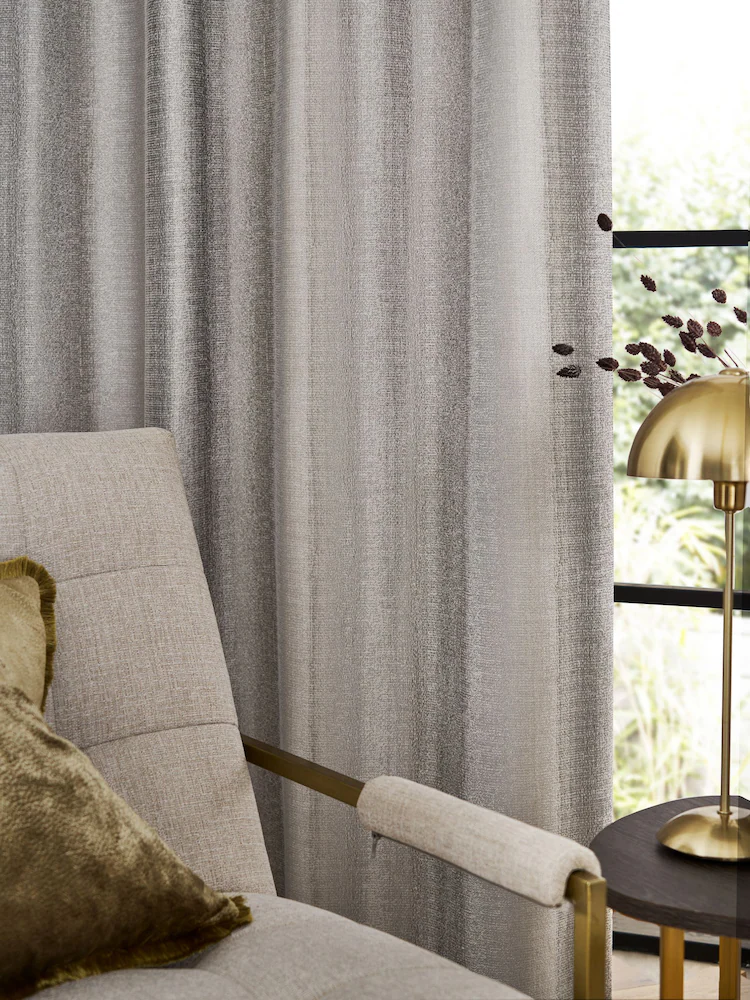 Silver Grey Metallic Stripe Eyelet Lined Curtains