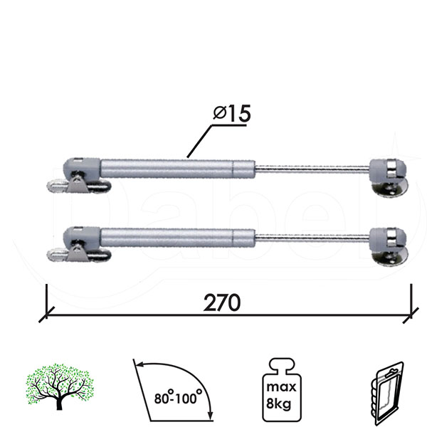 Amortizer gasni za nameštaj A930 SILVER 270/15 mm (2kom) 80N/8KG DBP1 (0206353)