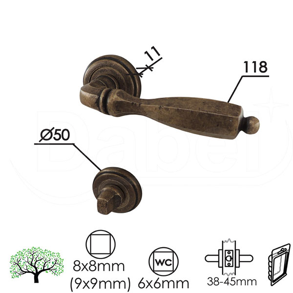 Kvaka rozeta za vrata BOR AB FI50/11/118/8/9 mm WC 6X6 mm DBP3 (0101816)