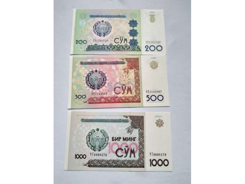 Uzbekistan 200,500 i 1.000 sum,.UNC