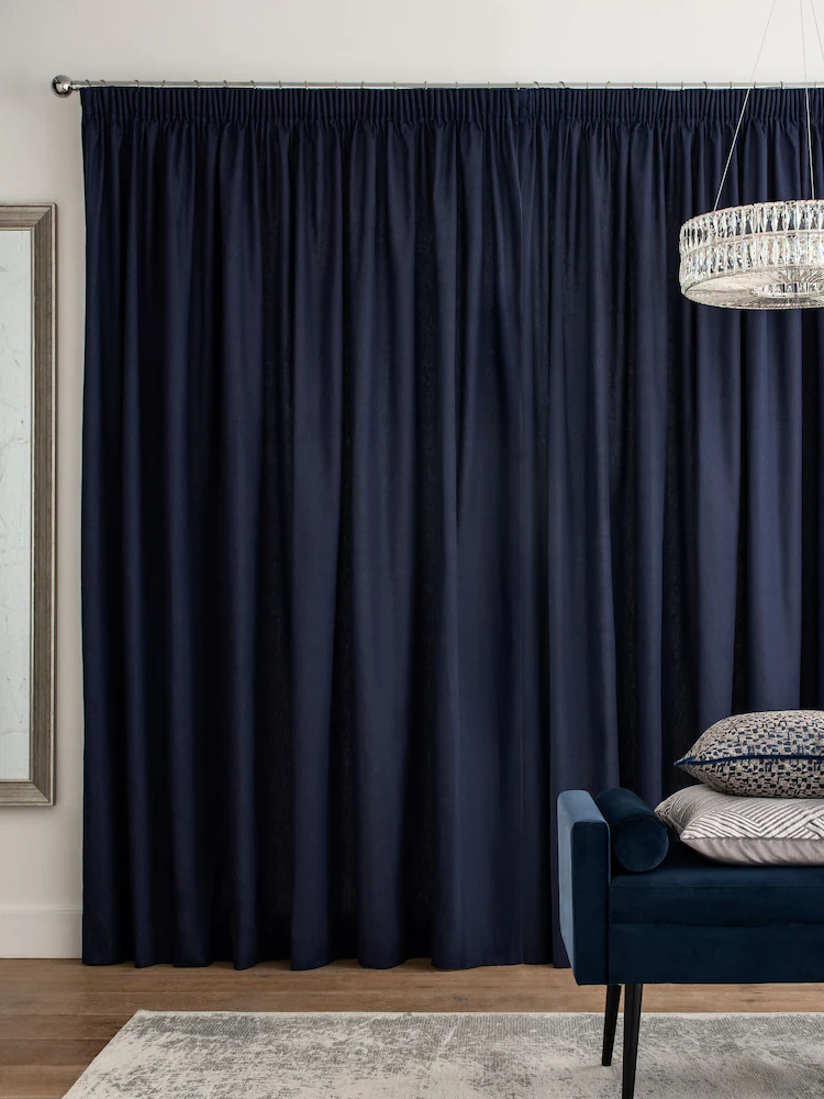 Blue Navy Cotton Blackout/Thermal Pencil Pleat Curtains