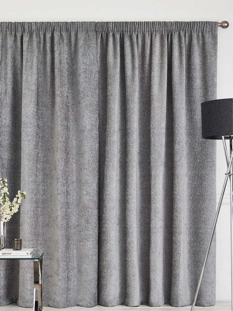 Grey Silver Heavyweight Chenille Pencil Pleat Lined Curtains