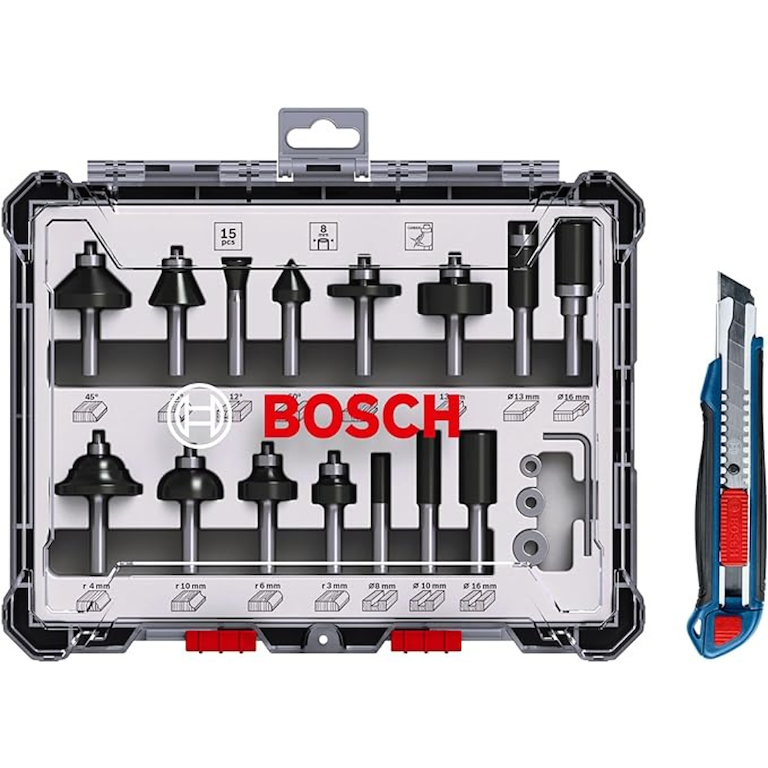 BOSCH – Komplet glodala 15 komada sa nožem, držač od 8 mm – 0615997653