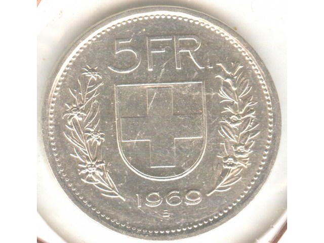 Svajcarska 5 francs 1969 B UNC srebro