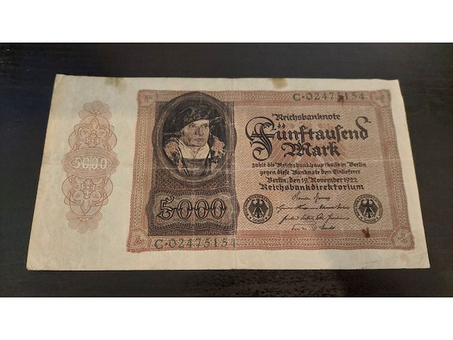 Germany 5000 Mark 1922. (P-78) F