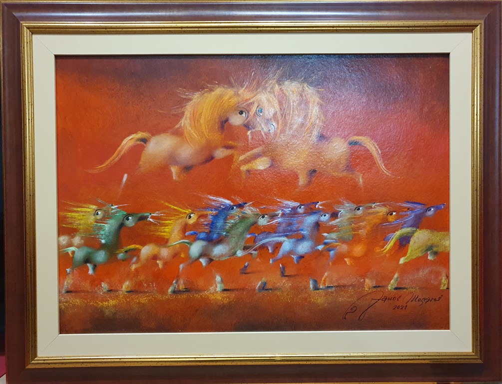 Trka, Janoš Mesaroš, kombinovana pastel ulje lak, sa 68×88 cm, bez 50×70 cm, sertifikat, 600 eura