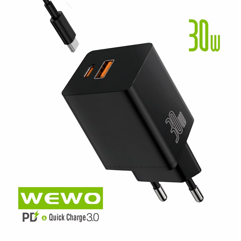 WEWO I13 PD+USB Punjač QC 30W/3A + Type-C To Type-C Data Cable (Crni)