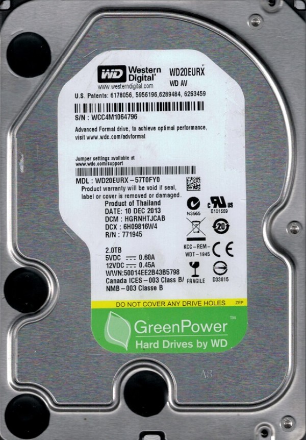 HDD 3.5 * 2TB WD20EURX WD AV-GP GREEN 7200RPM 64MB SATA3 (3699)