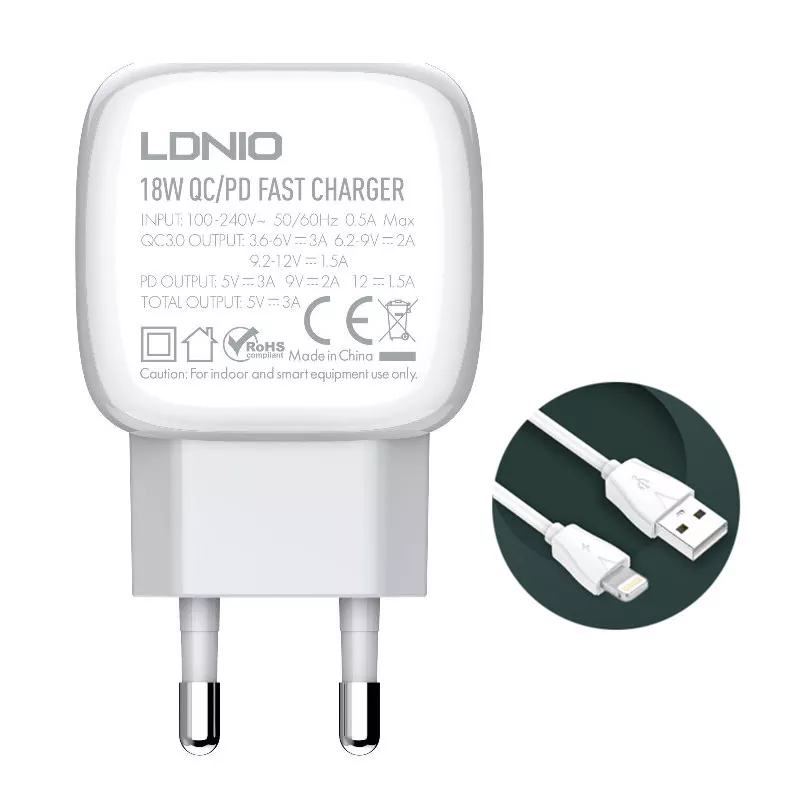 Kucni punjac LDNIO A2313C, PD QC3.0, 18W, sa iPhone lightning kablom