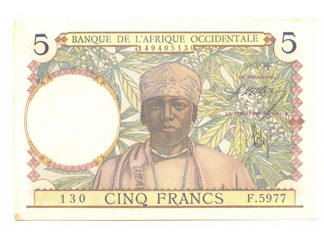 Francuska Zapadna Afrika 5 francs 1938 aUNC